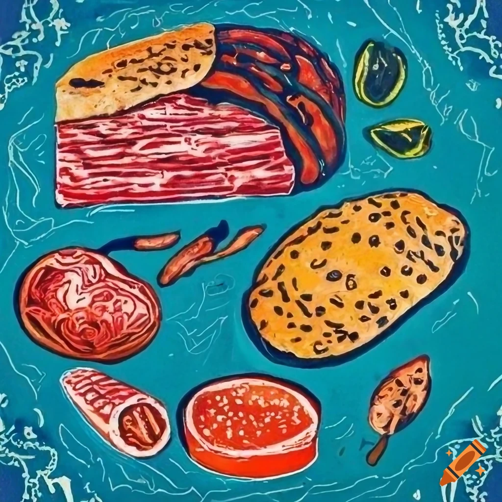 Vibrant linocut artwork of a memorable meal on Craiyon