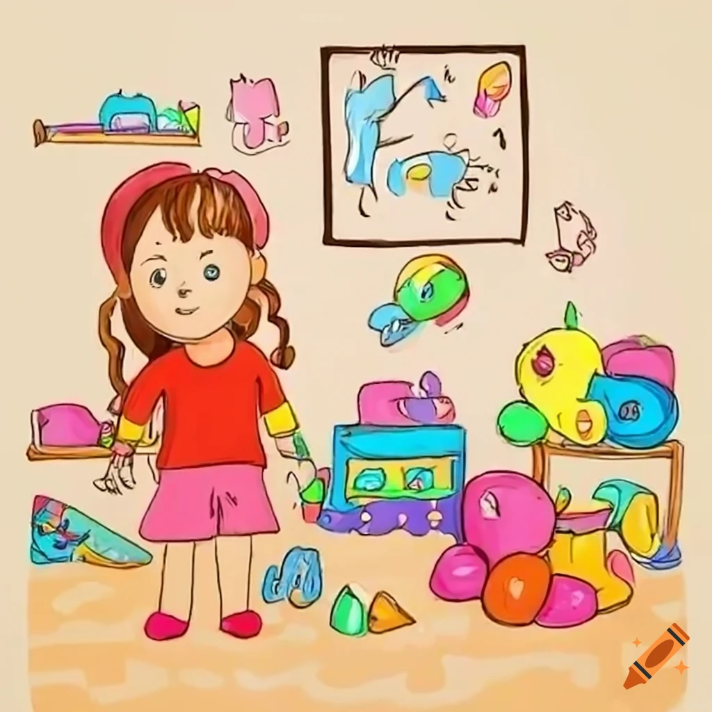 Cartoon illustration of a kid surrounded by toys on Craiyon