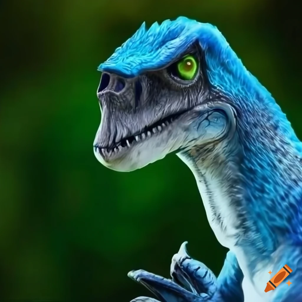 Blue velociraptor with fur and green eyes on Craiyon