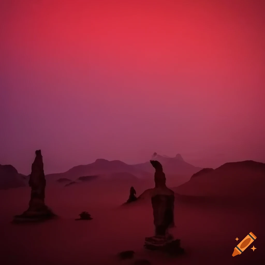 Dark red stony desert with horror demon statues