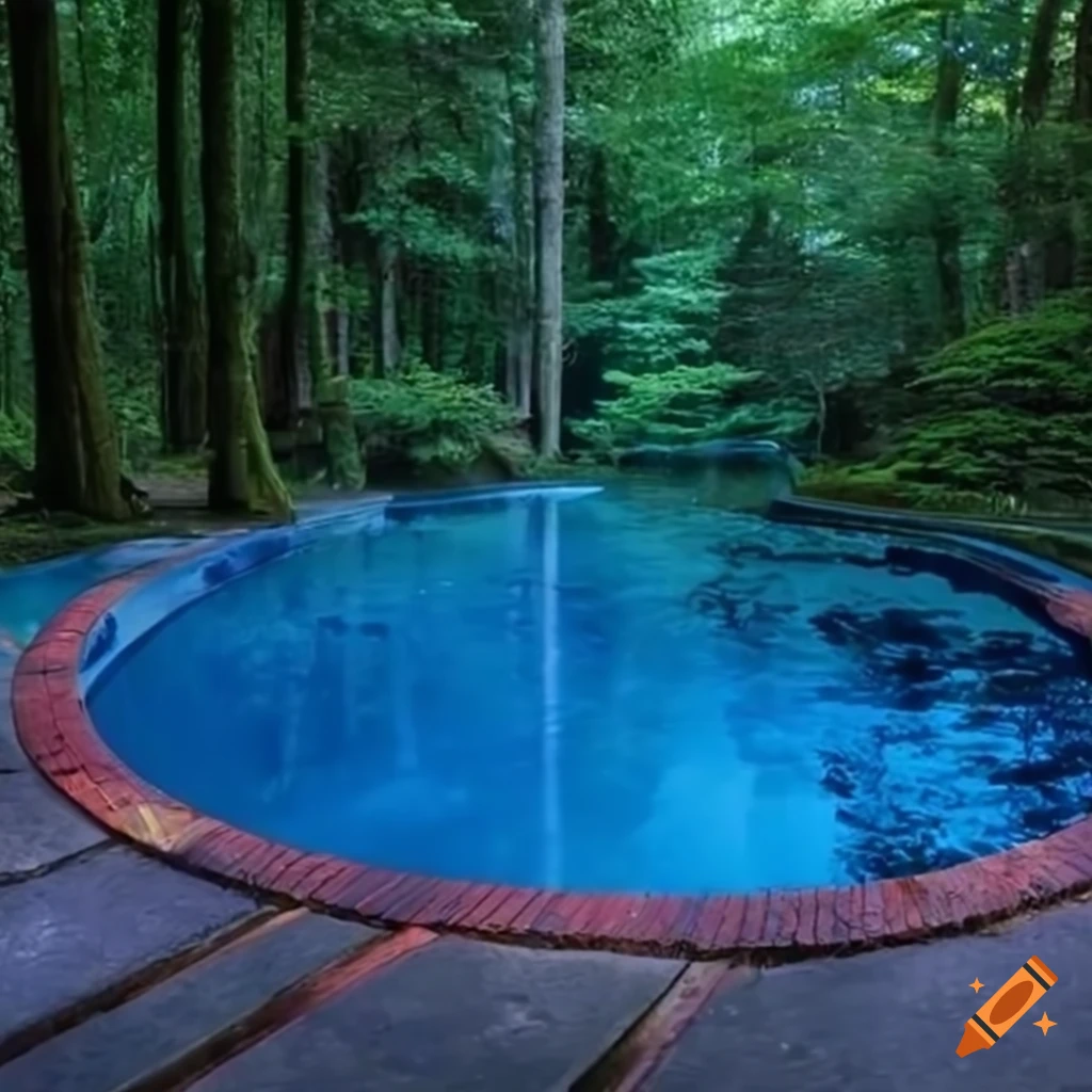 Serene swimming pool in a japanese forest