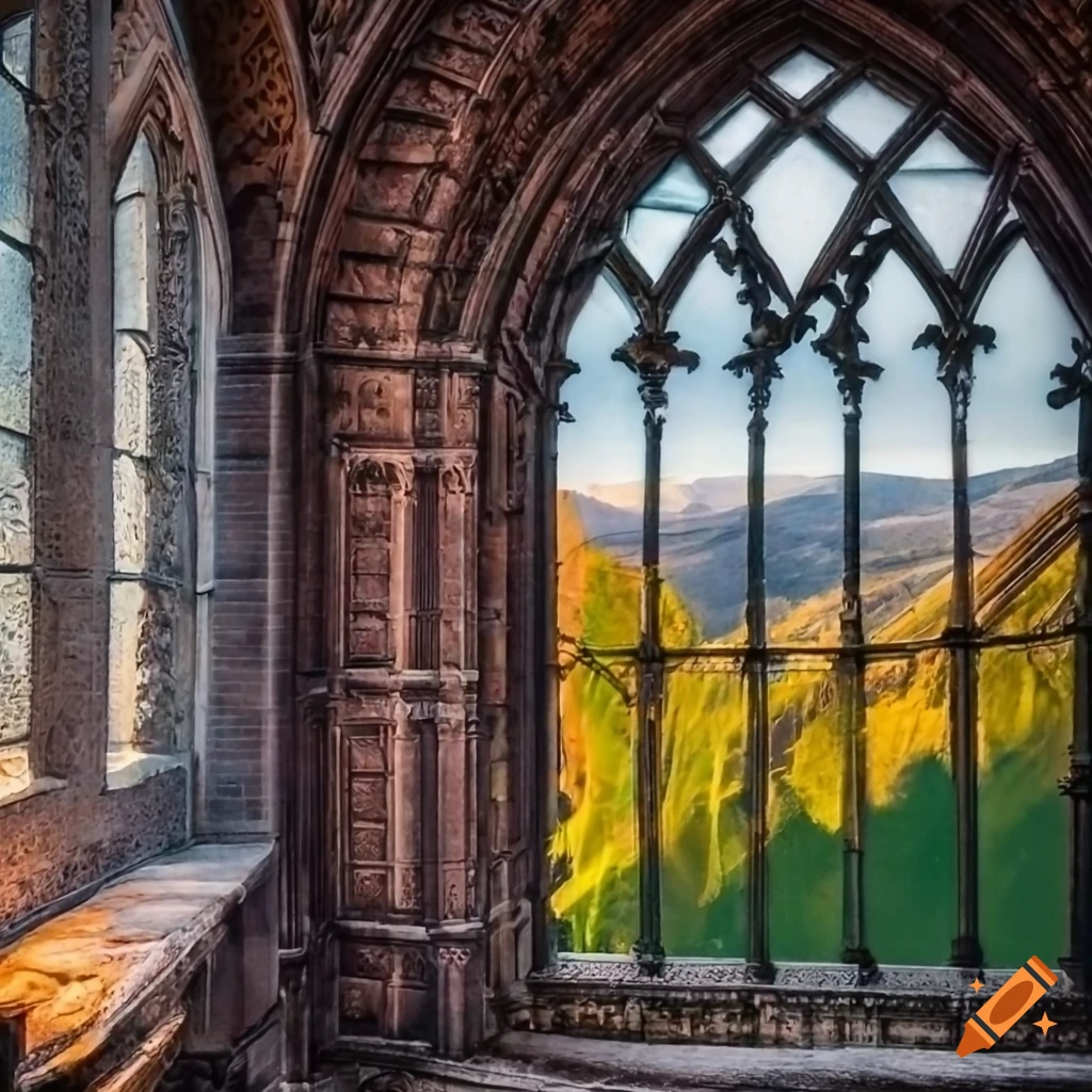 View of a scottish landscape through gothic window