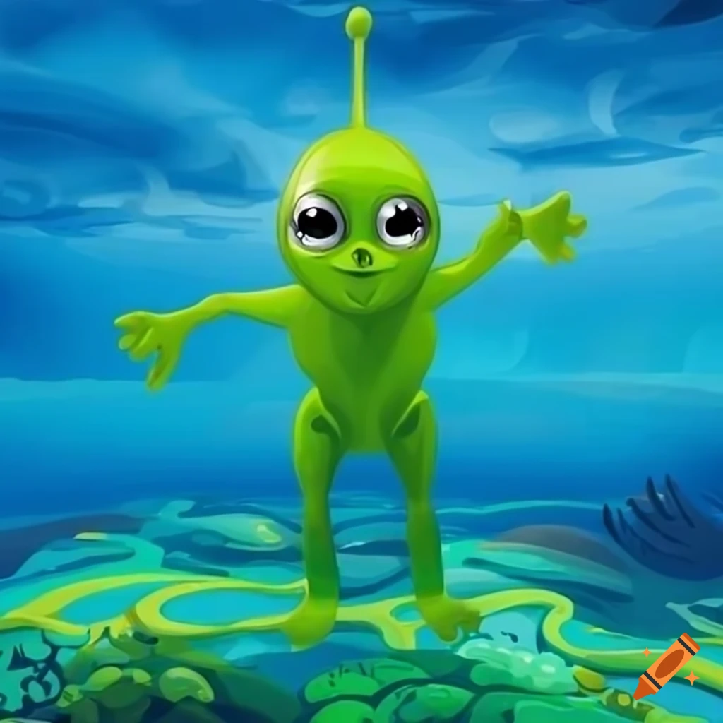 Cartoon alien swimming in a vibrant ocean