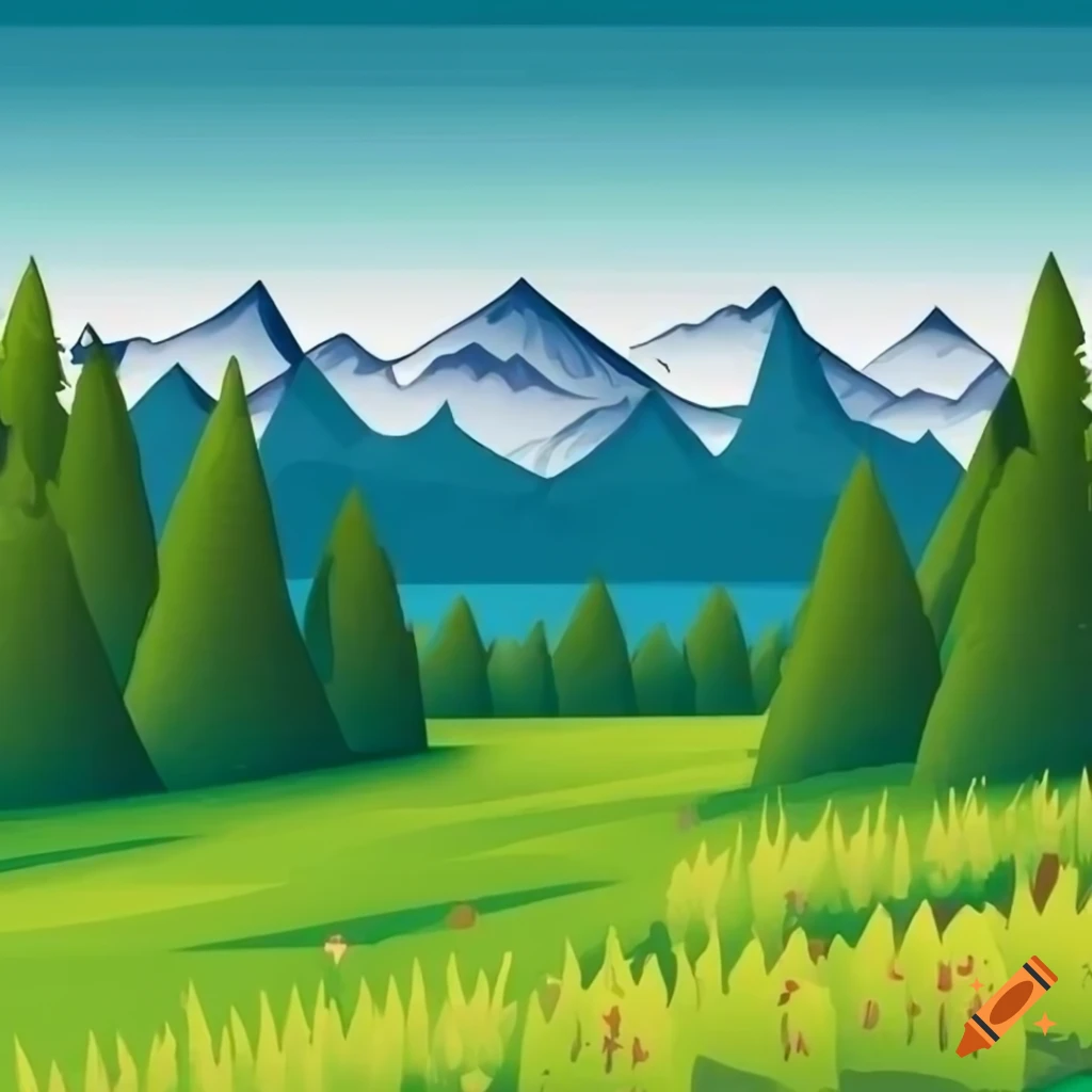 Cartoon alpine meadow with mountains in the background