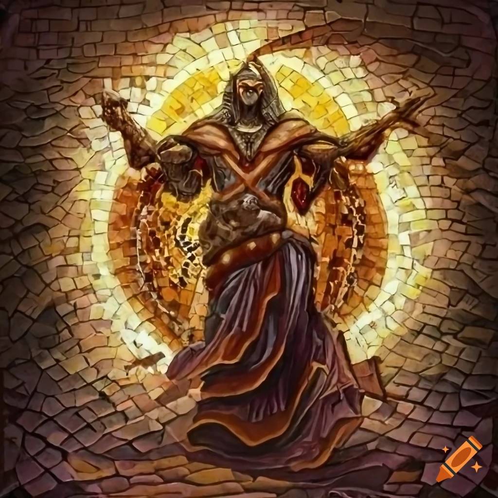 Mural of a sun god in a fantasy setting