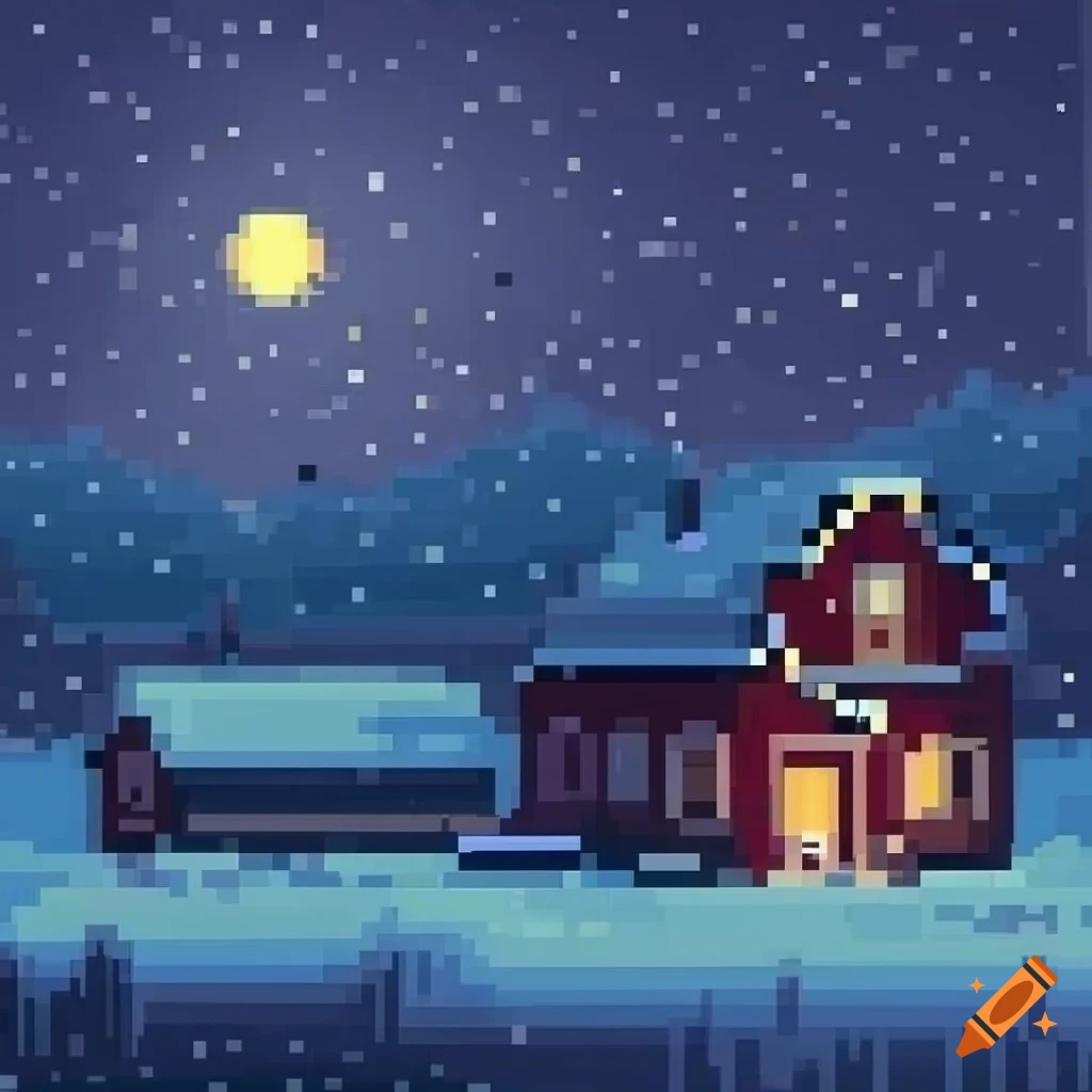 Pixel art winter farm night background