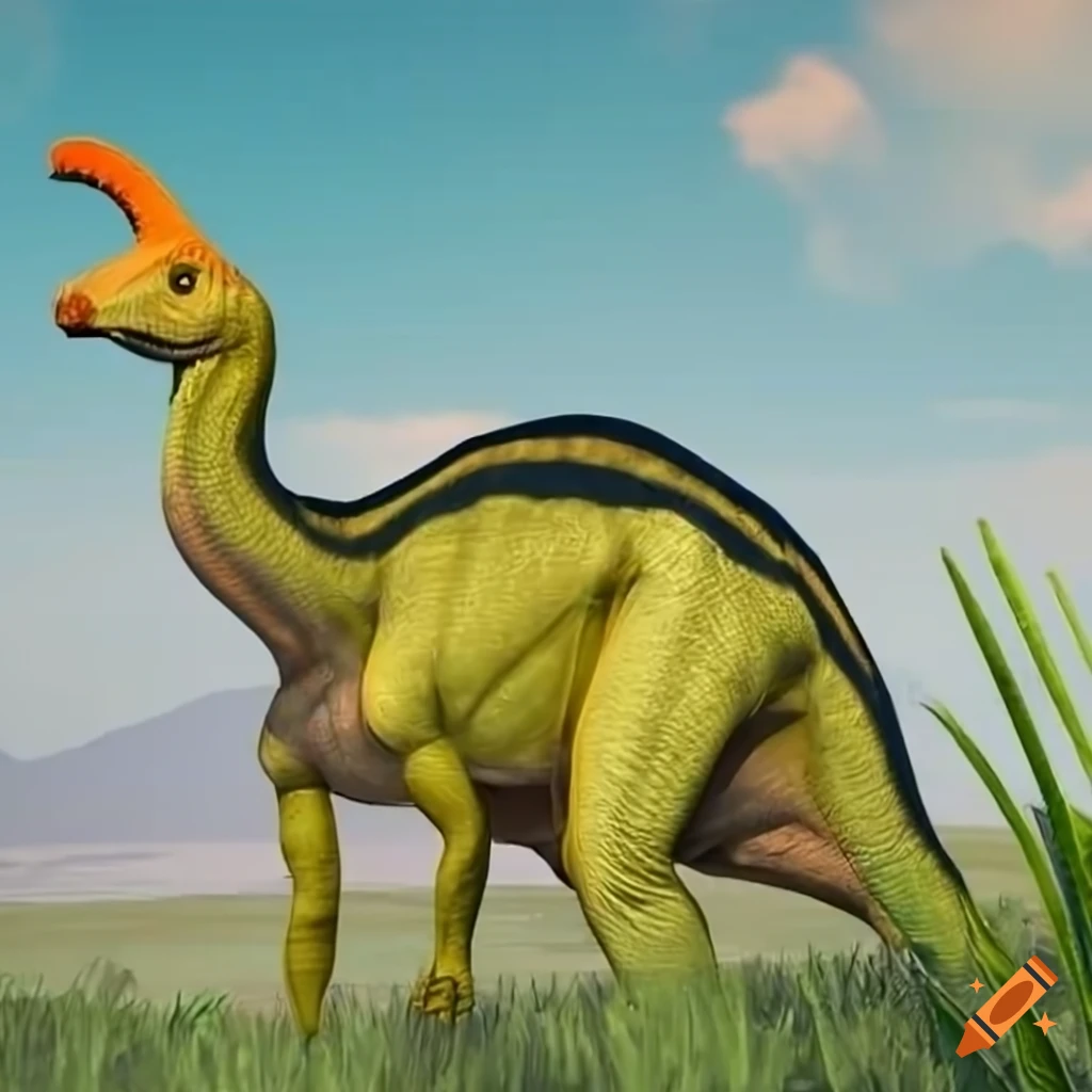 Image of a hidden yellow parasaurolophus in tall vegetation on Craiyon