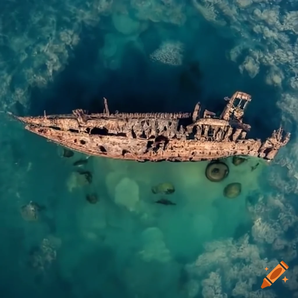 Aerial view of an ancient sunken ship in clear seas on Craiyon