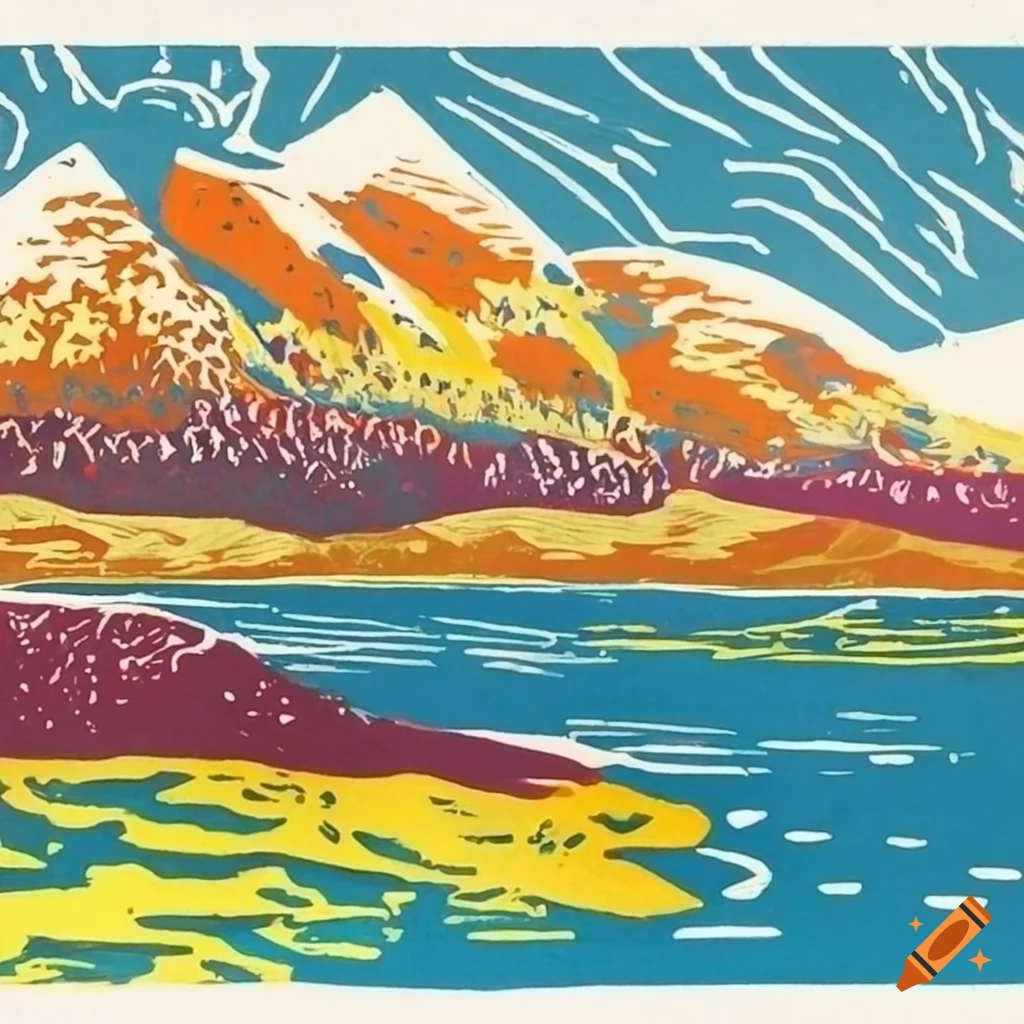 Colorful linocut artwork of snowdonia