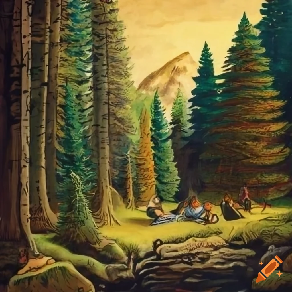 Vintage illustration of appalachian folk musicians in the mountains