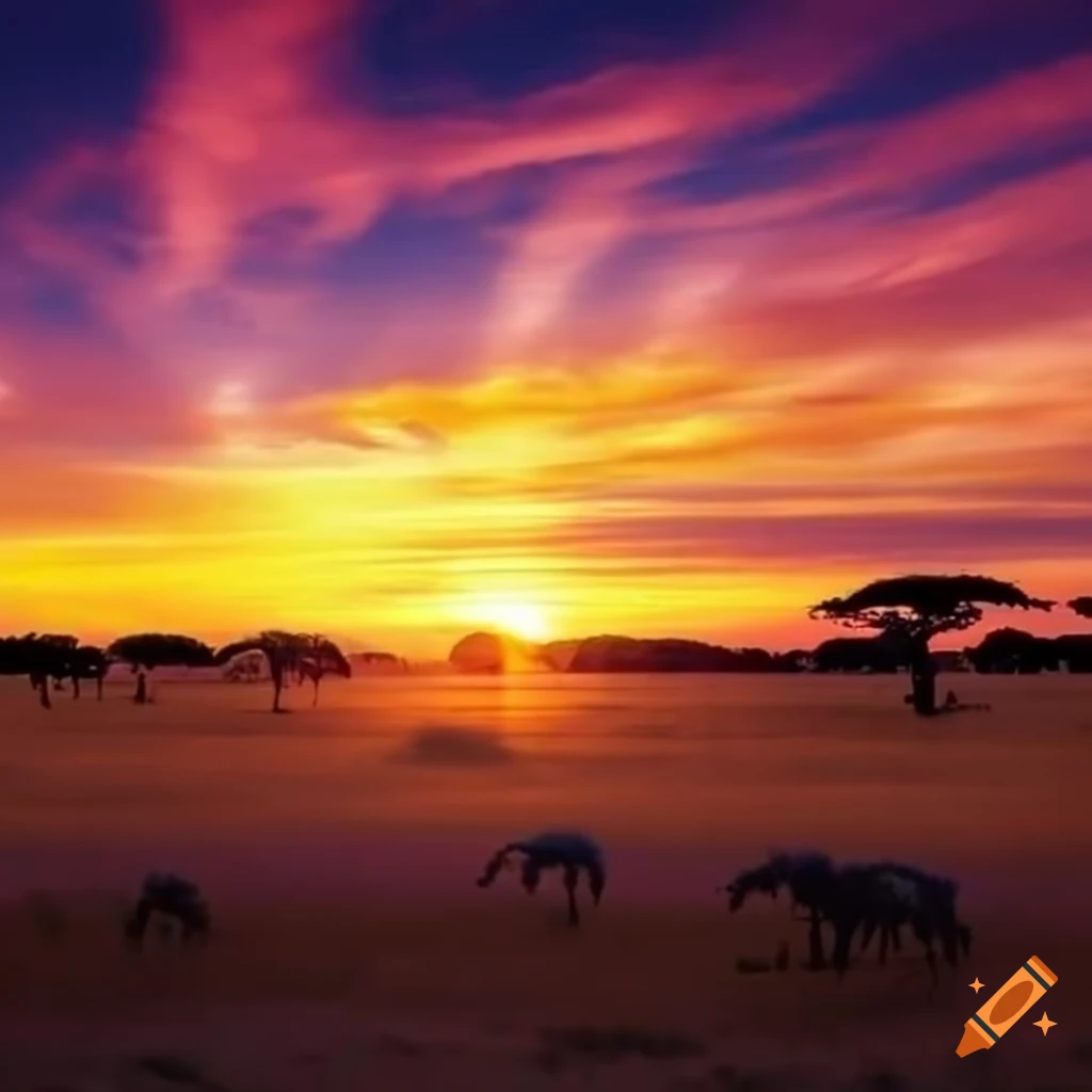 Sunset over the savannah with golden clouds