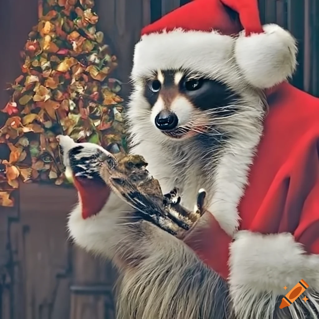 Raccoon dressed as santa claus