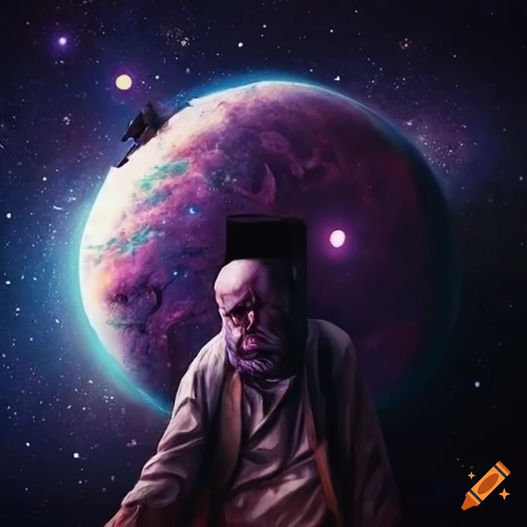 Artistic interpretation of a hobo in outer space