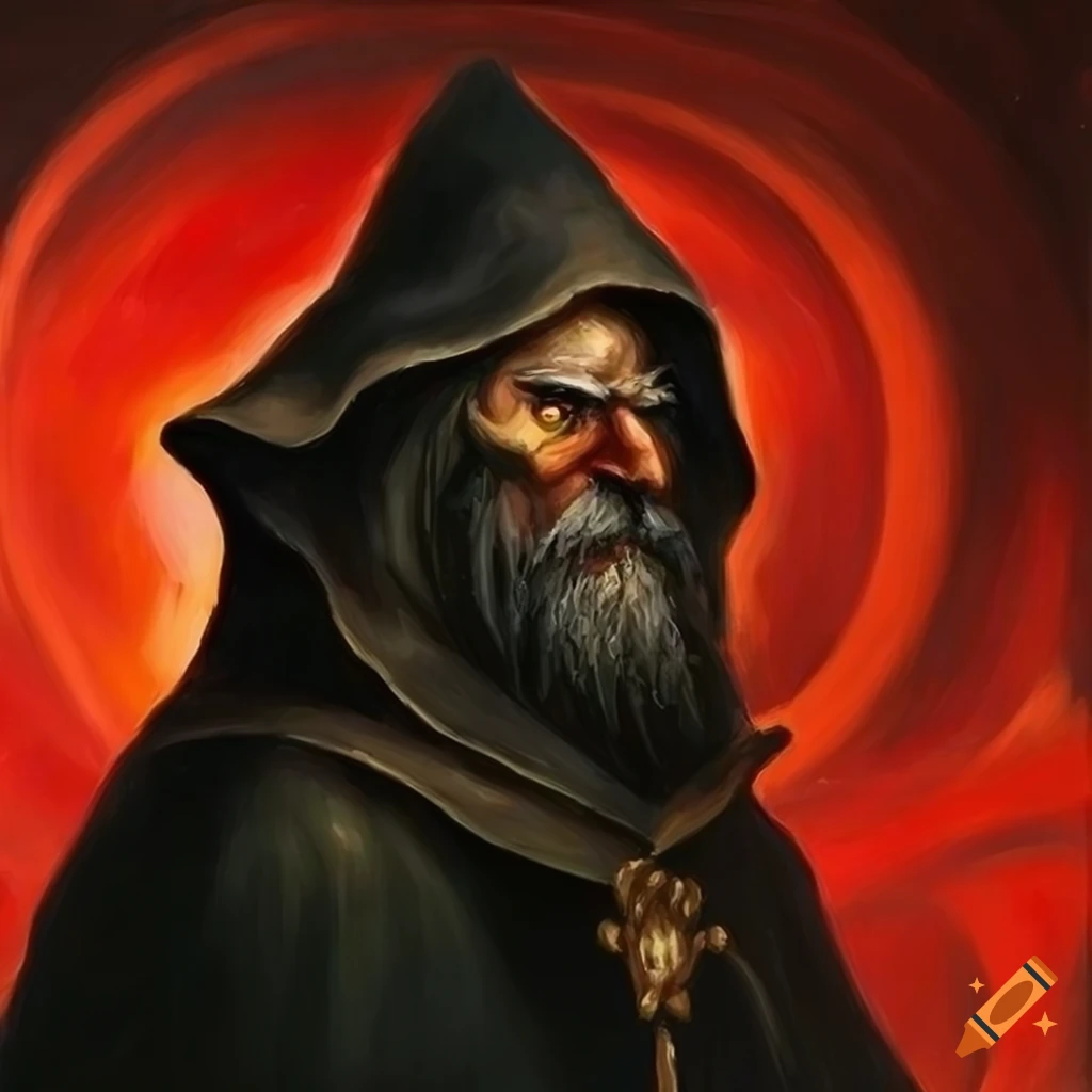 Oil painting of a hooded wizard in a red circle on Craiyon