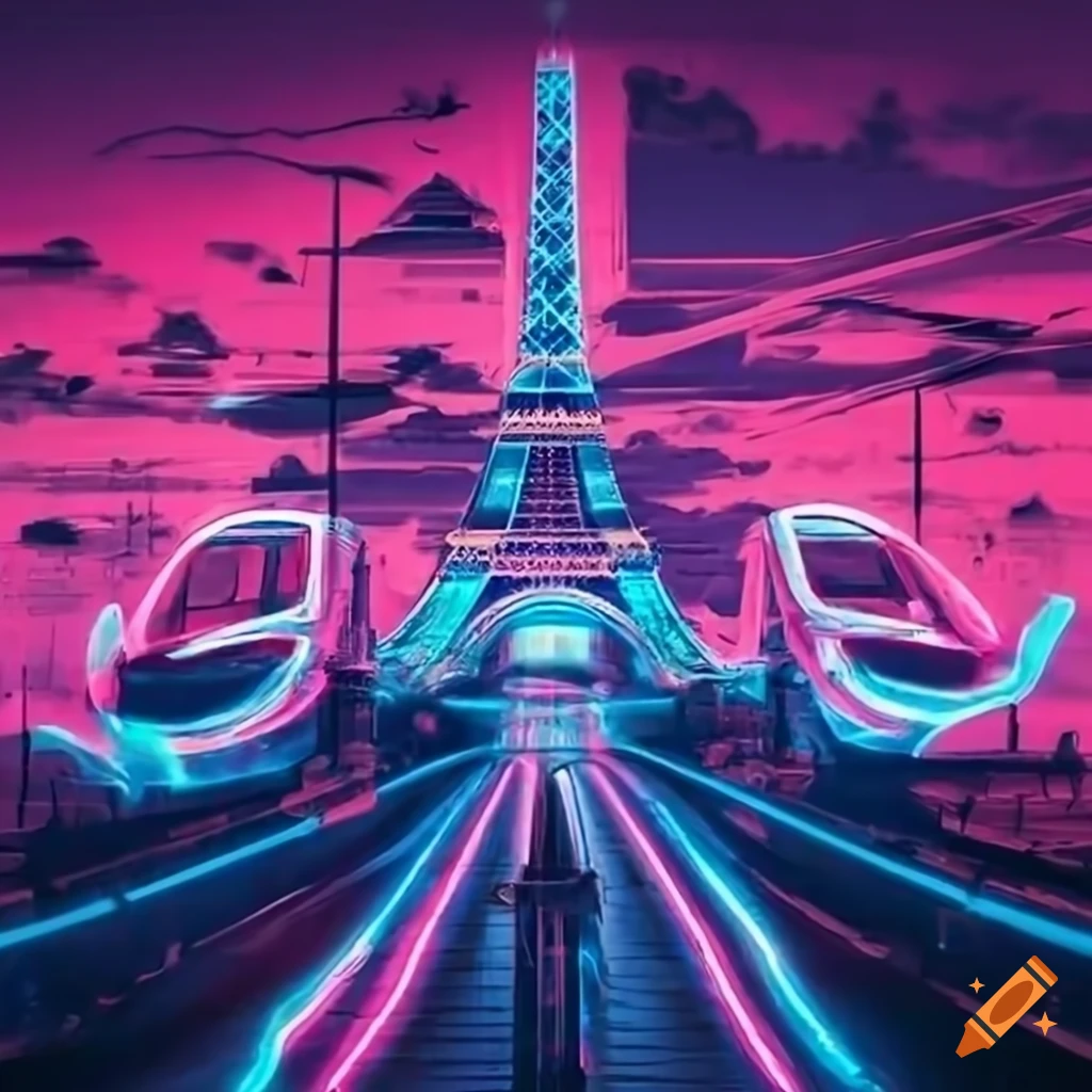 Futuristic paris with neon lights and flying cars