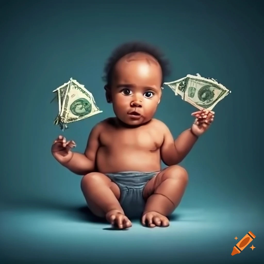 Adorable baby surrounded by falling money on Craiyon