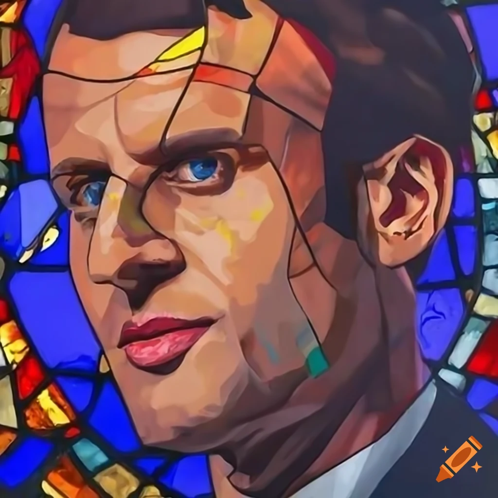 Stained glass portrait of emmanuel macron