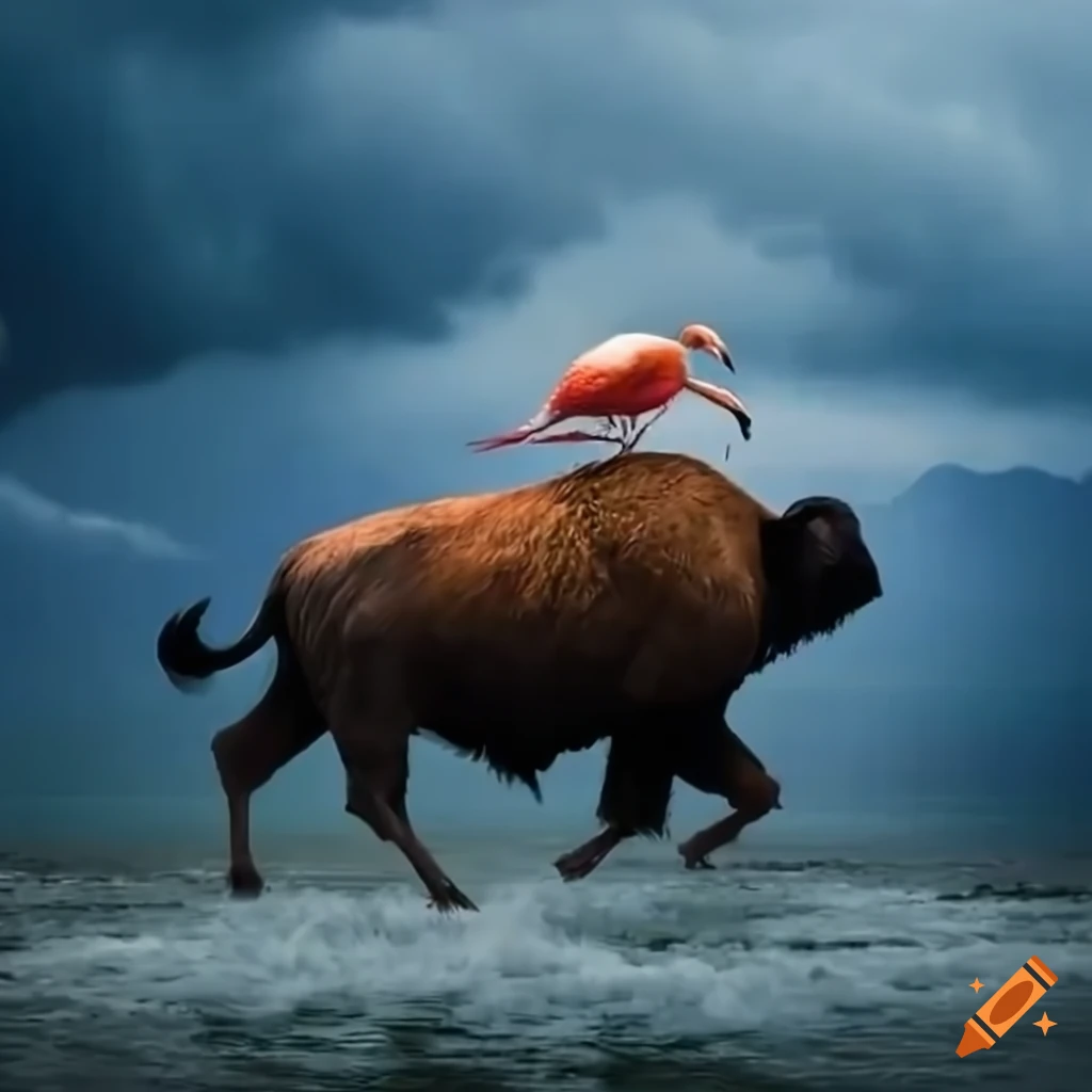 Flamingo riding a buffalo under stormy sky