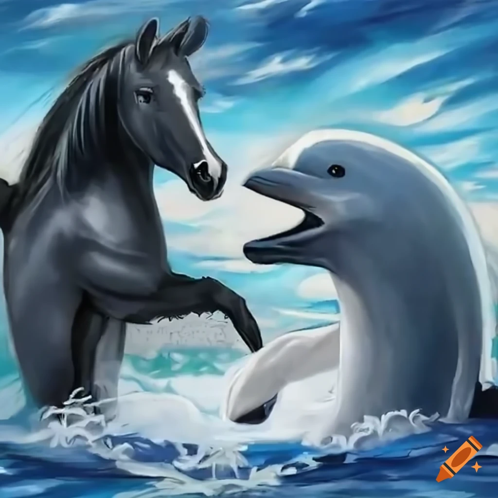 Cute anime horse and dolphin sharing love on Craiyon