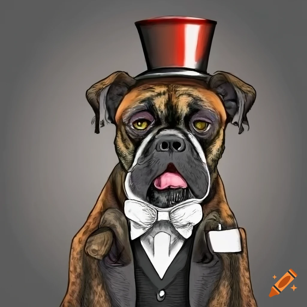 Funny brindle boxer dog wearing top hat and tuxedo