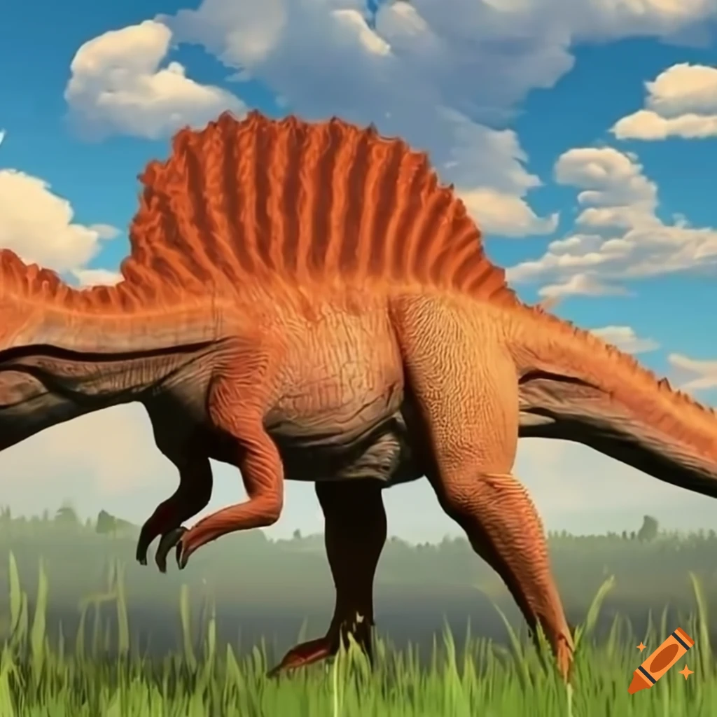 Art of a giant orange spinosaurus in tall grass