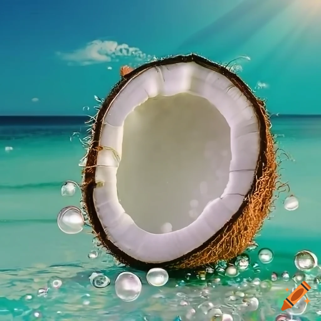 Colorful wallpaper of a floating coconut above the turquoise sea on Craiyon