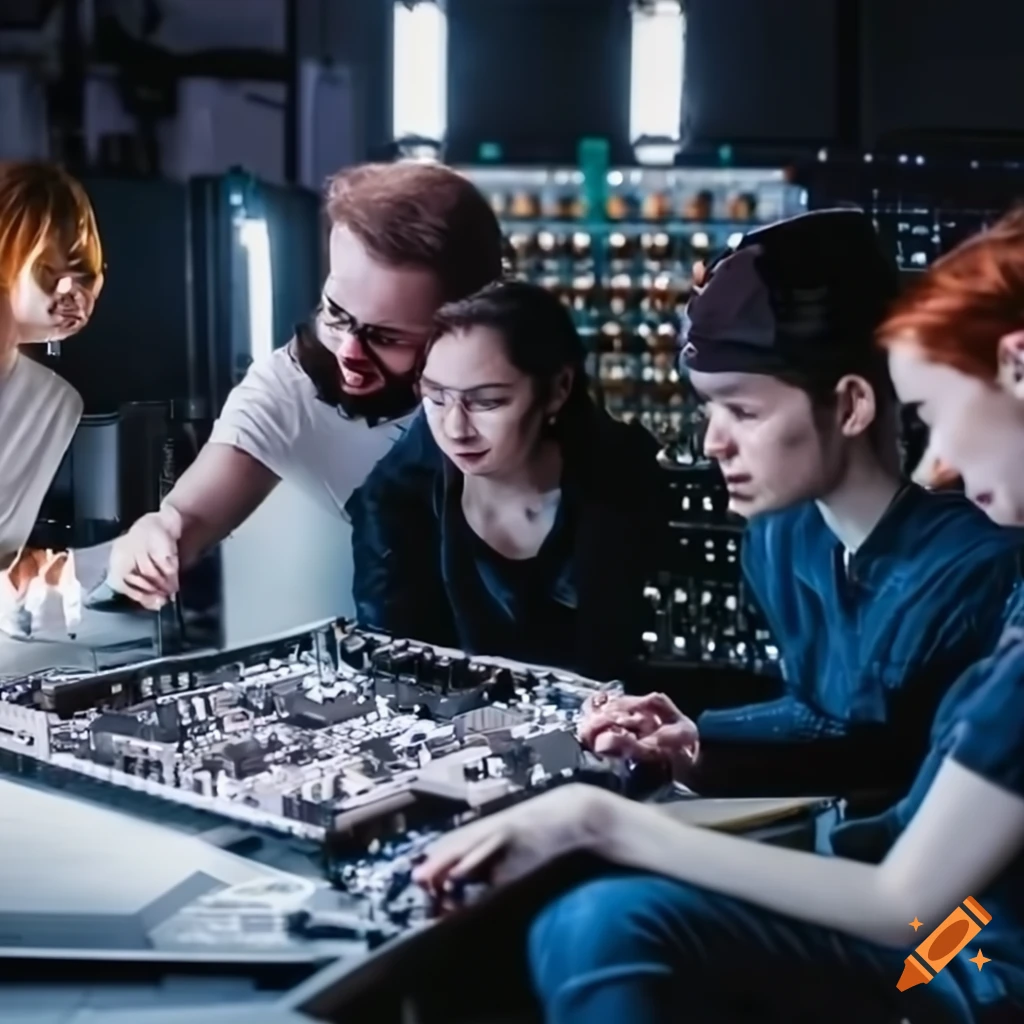 People watching an engineer debug a printed circuit board