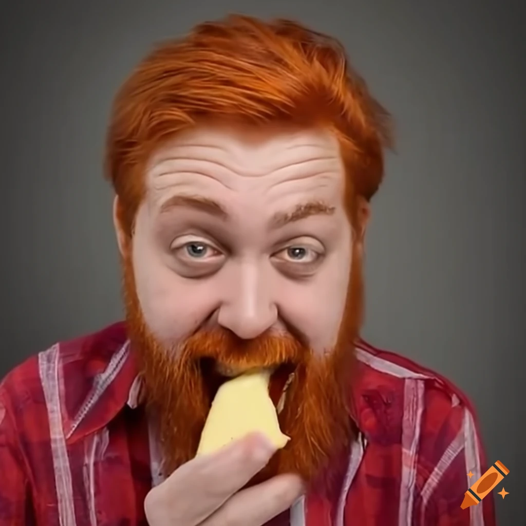 Portrait of a man with red hair and beard enjoying cheese on Craiyon