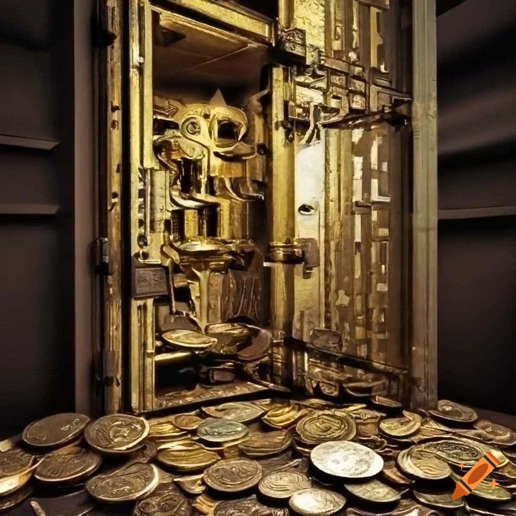 Image of shattered brass bank vault with scattered coins