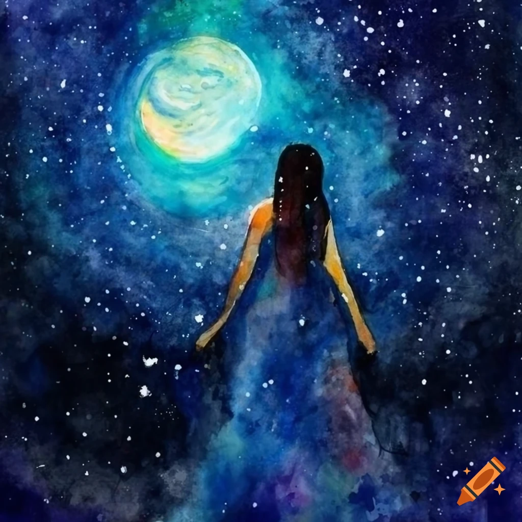 Watercolor illustration of a woman in a starry sky on Craiyon