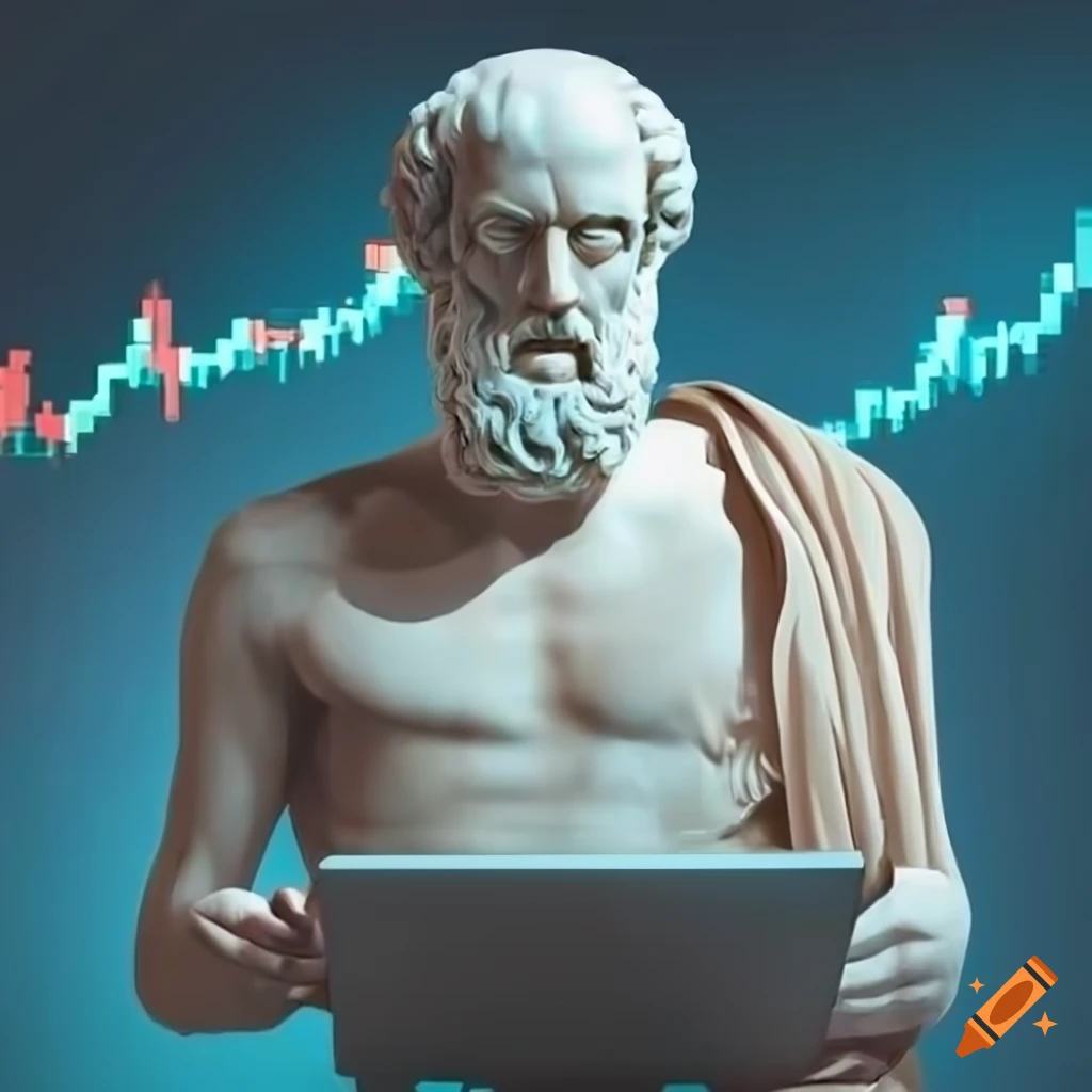 Modern interpretation of a greek philosopher with computer and charts