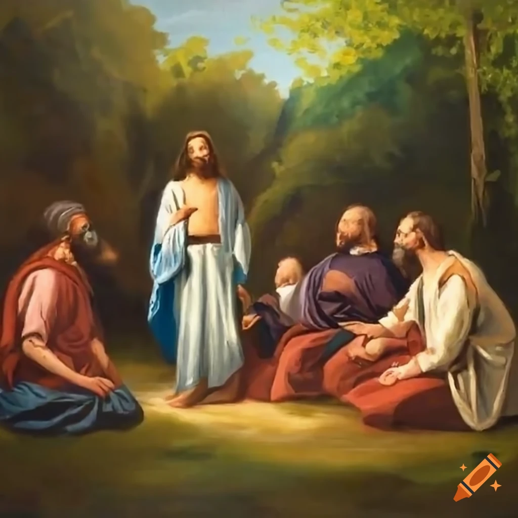 Artistic depiction of jesus and his disciples in a serene setting