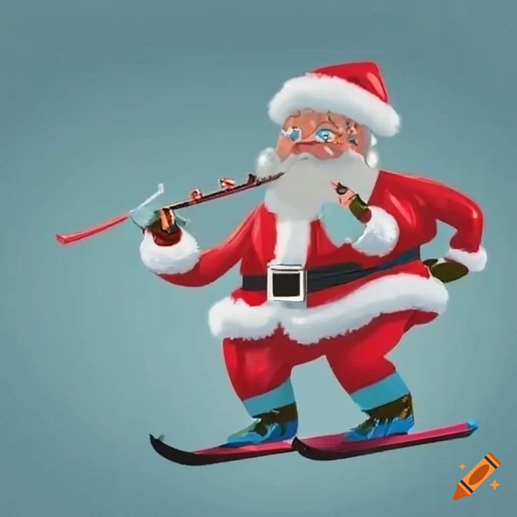 Santa skiing and playing harmonica