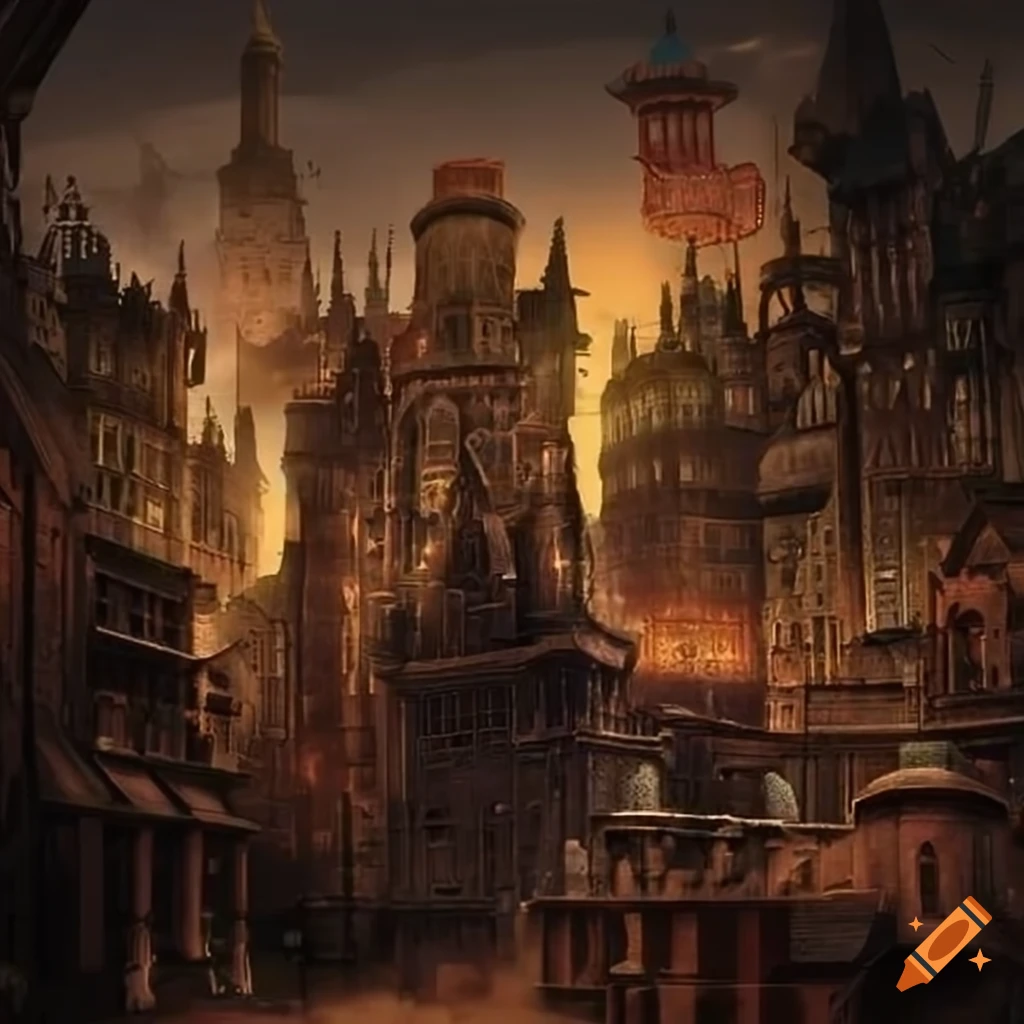 Steampunk medieval city illustration