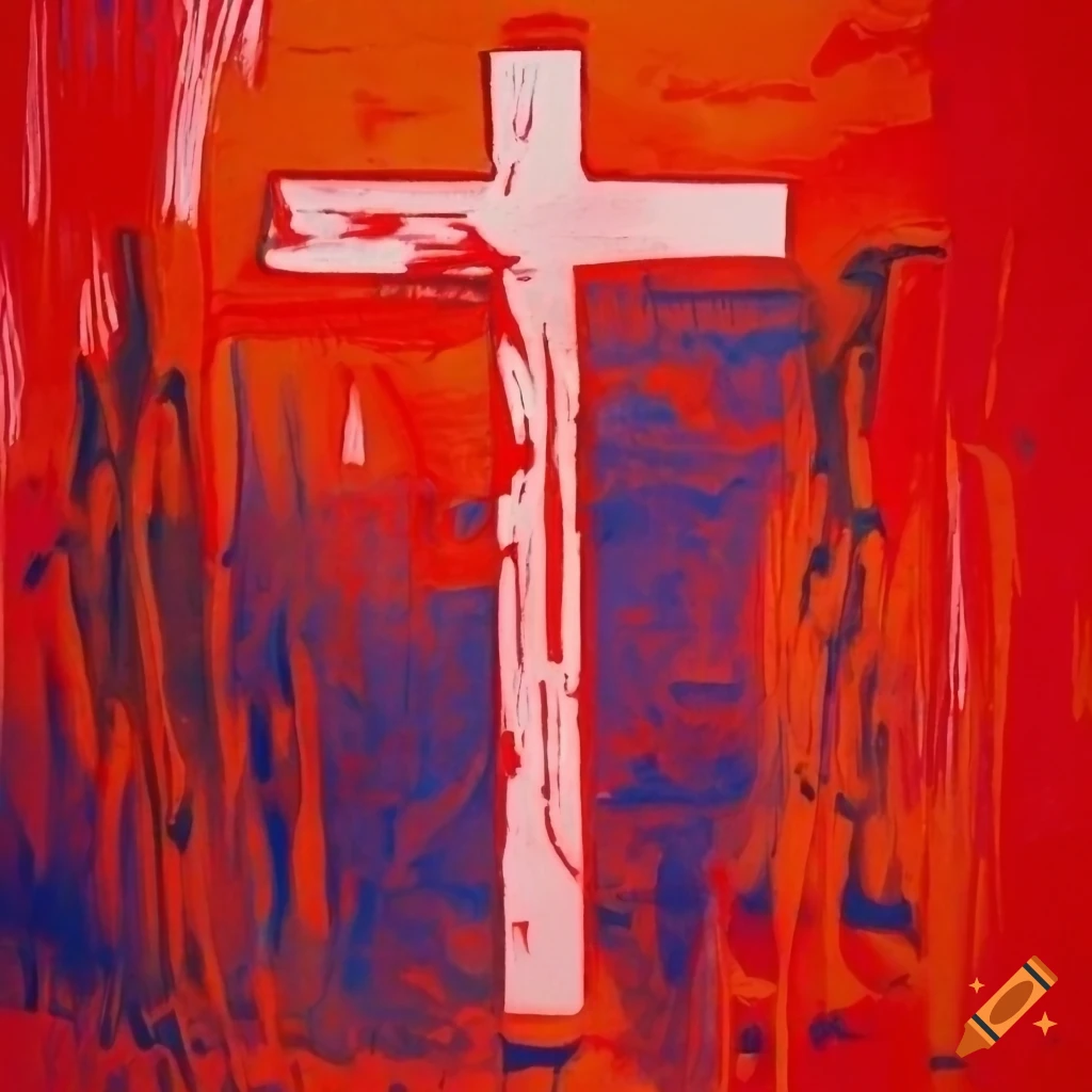 Vibrant linocut artwork with a blood red Christian cross on Craiyon