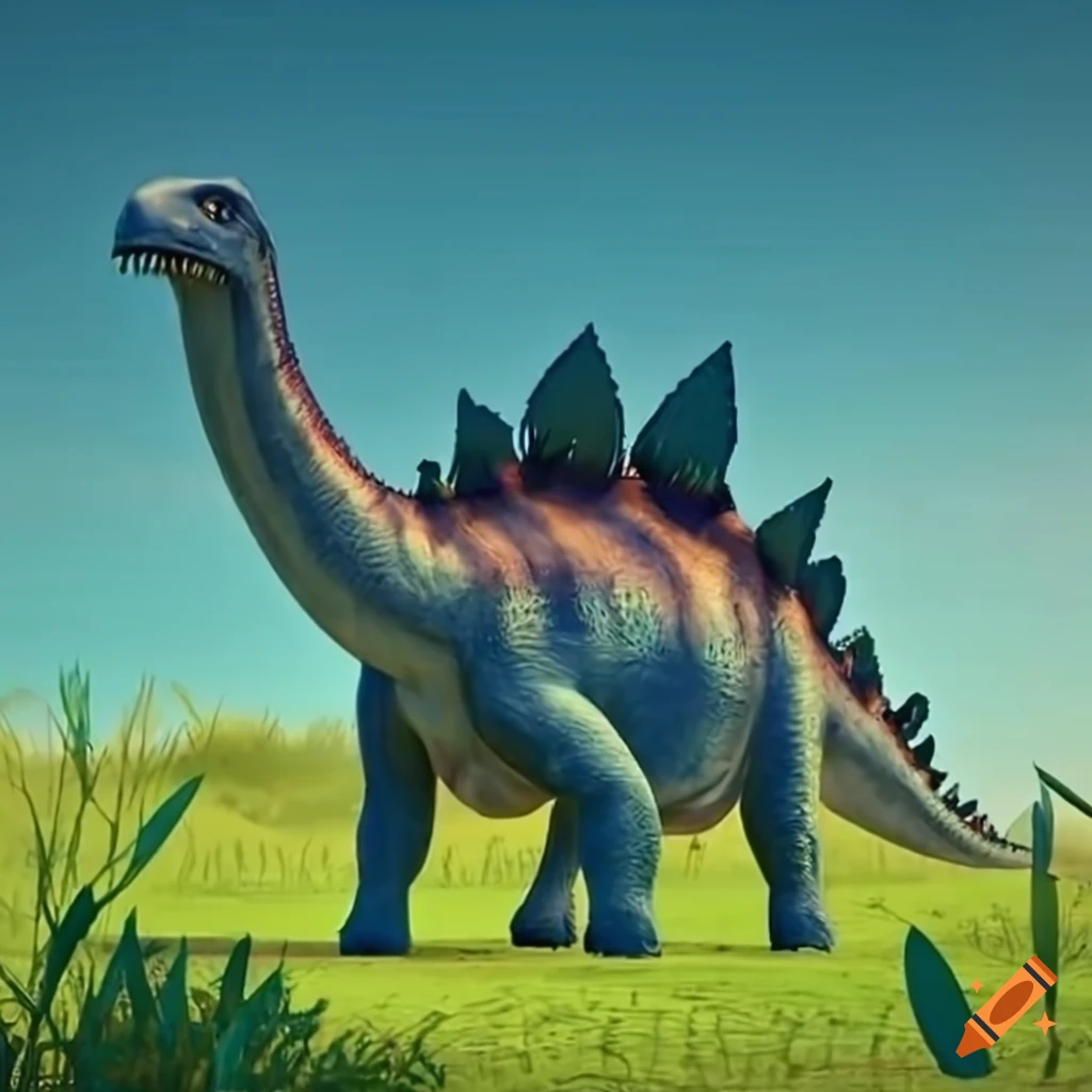 Blue stegosaurus in tall wild vegetation