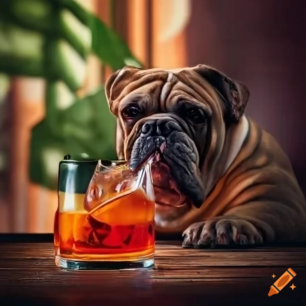 English bulldog enjoying a drink in a cozy pub
