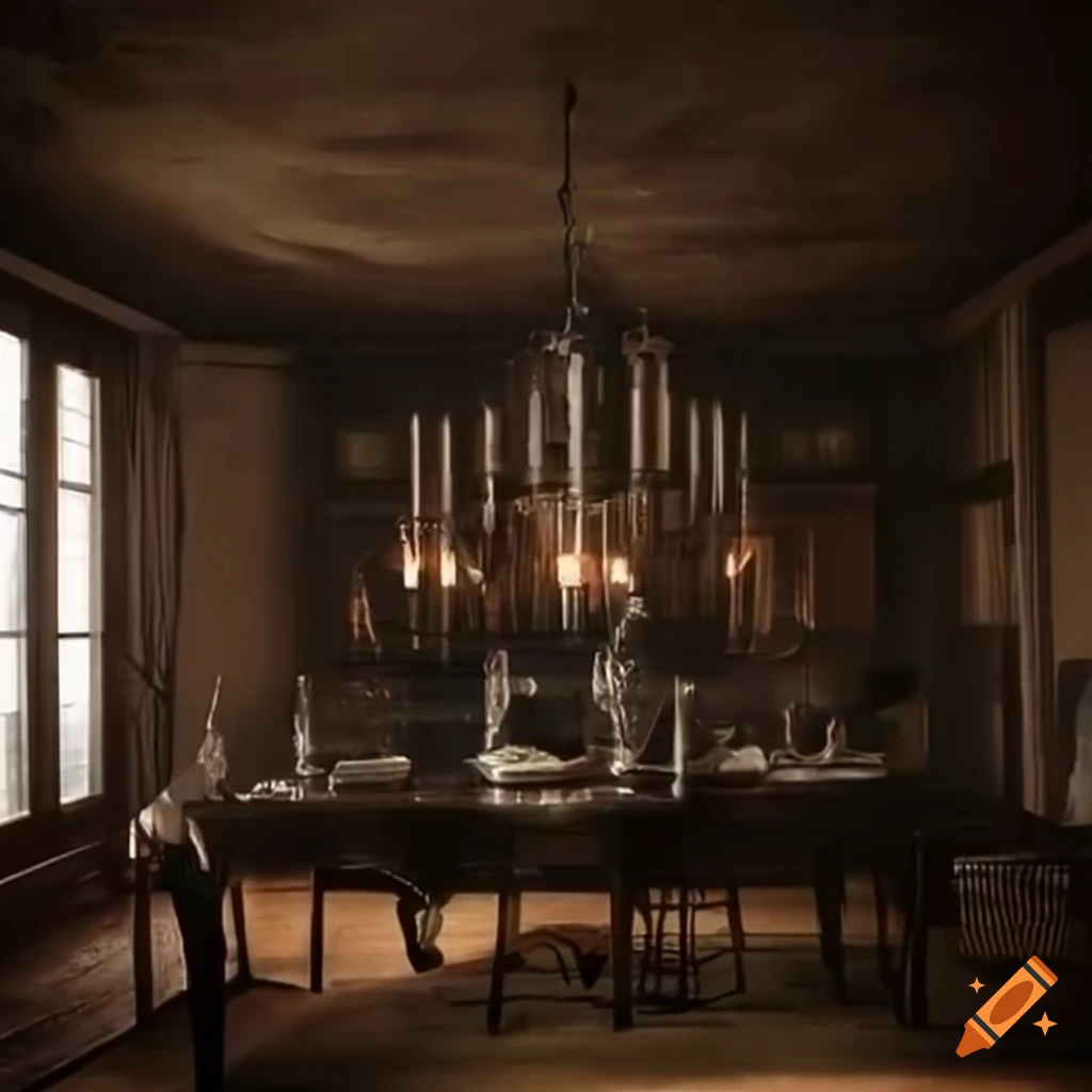 Dark dining room with tea on the table in a horror movie on Craiyon