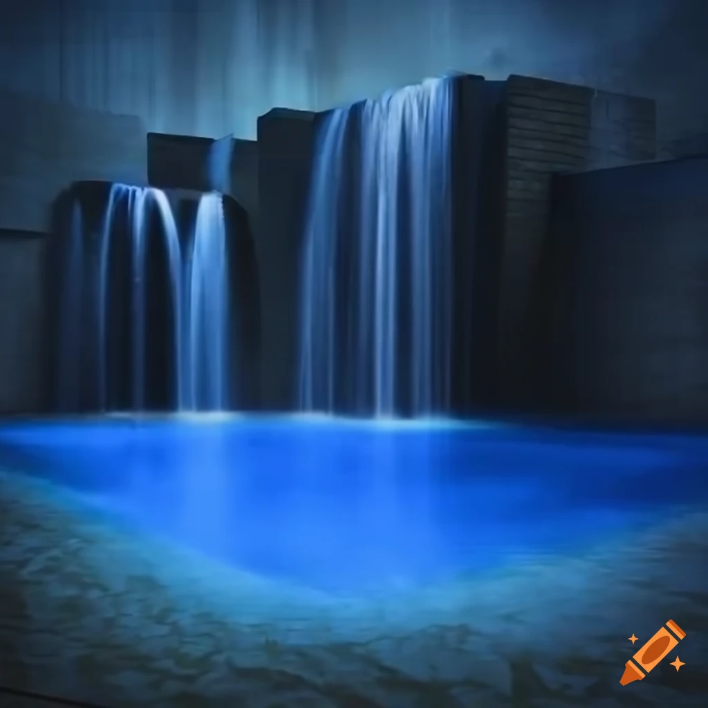 Architectural render of poolrooms with flowing waterfalls on Craiyon