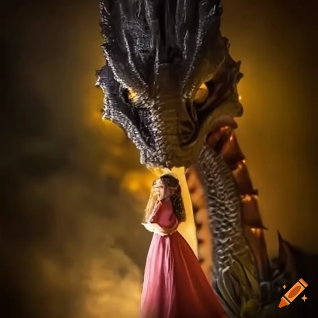 Illustration of a princess trapped by a dragon