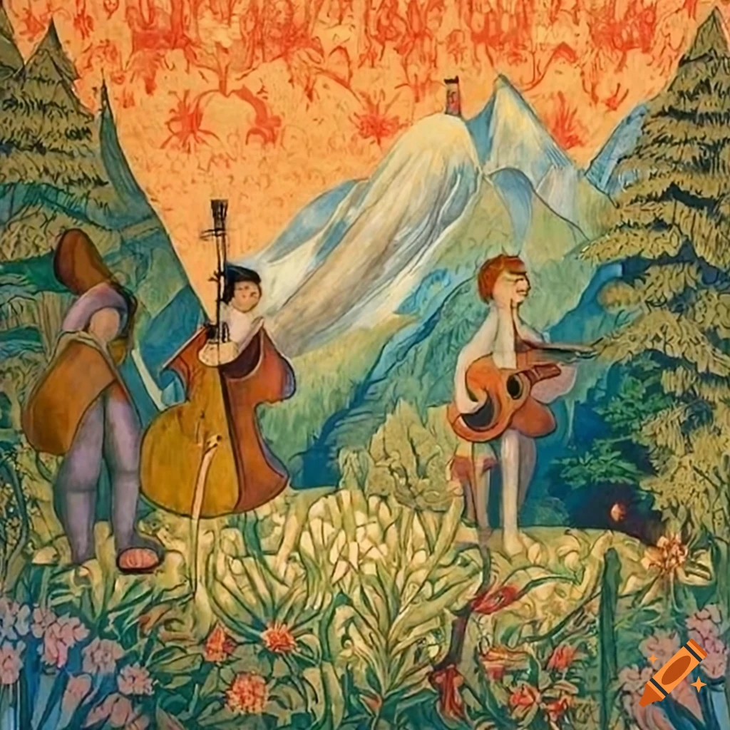 Illustration of musicians against a mountain backdrop on Craiyon