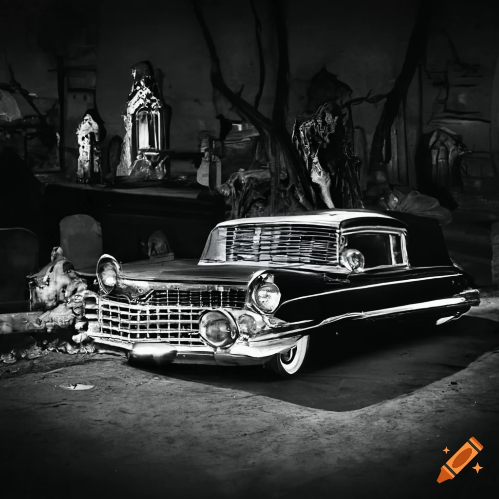 Image of a creepy hearse driving through a cemetery