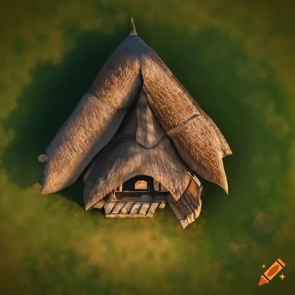 Top view of a thatched roof cottage in a meadow
