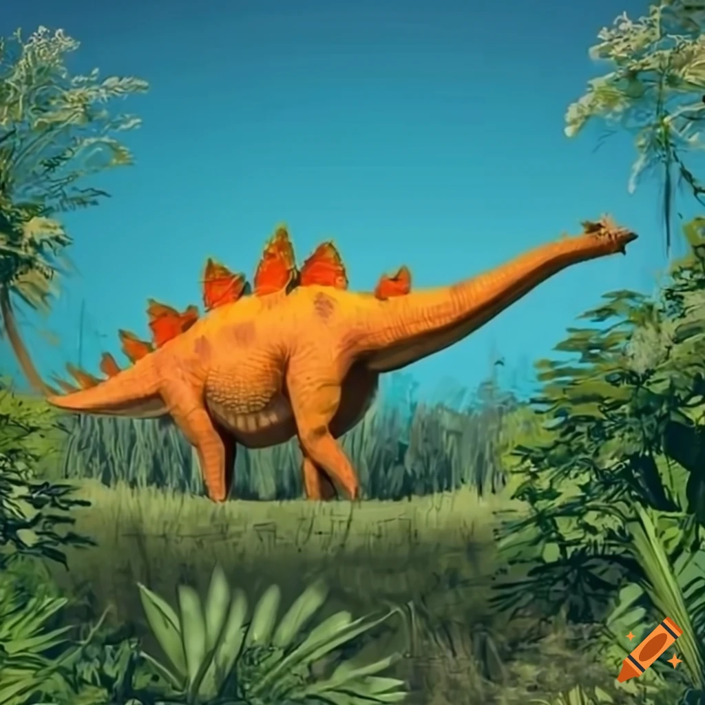 Illustration of a large orange stegosaurus in vegetation