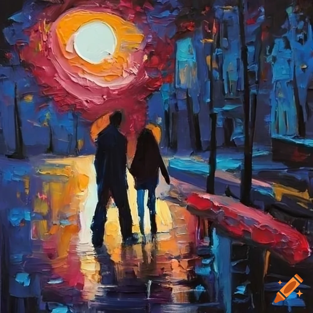 Palette knife painting of a couple walking at night on Craiyon