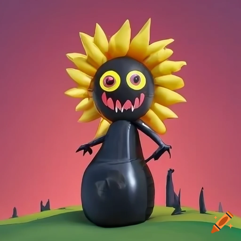Cartoony evil sunflower monster in latex dress on Craiyon