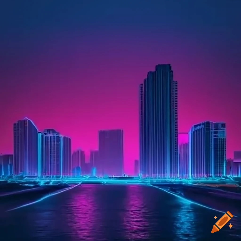 Miami cityscape in retro synthwave style