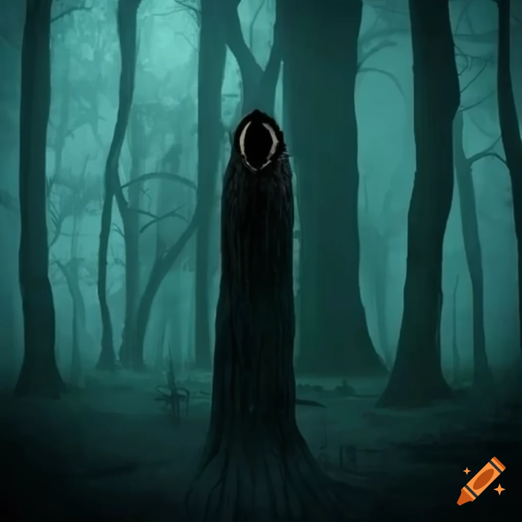 Creepy tall entity in a realistic forest at night on Craiyon