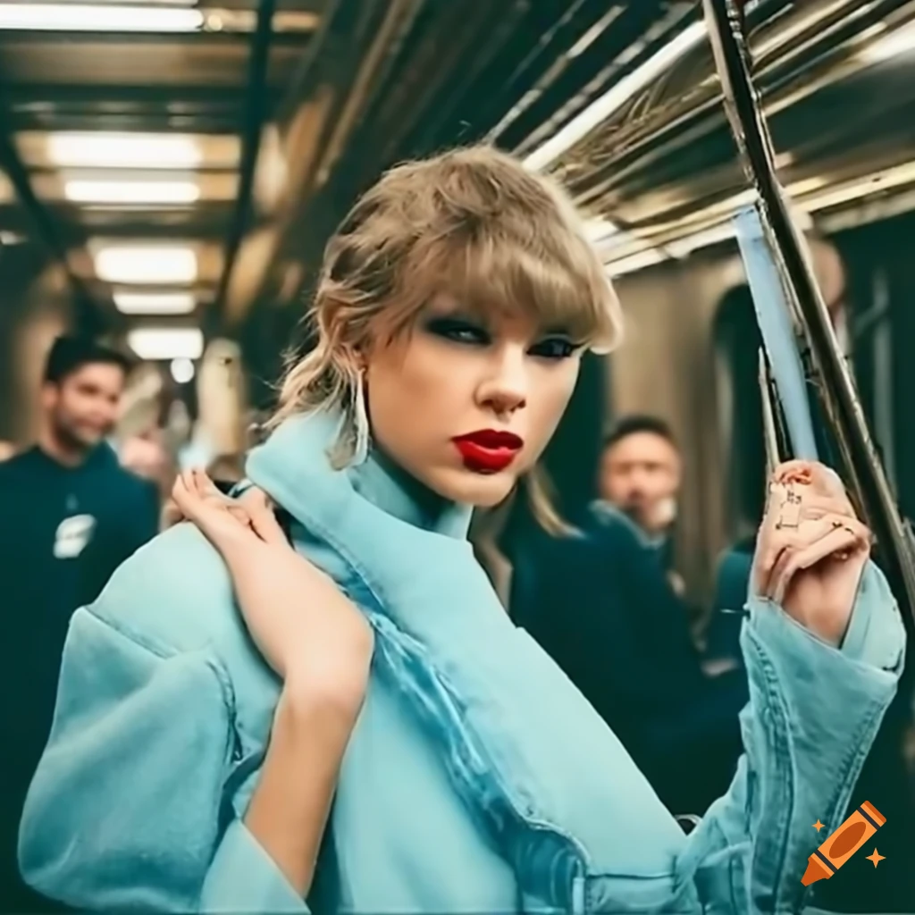 Taylor Swift posing in a light blue outfit in NYC subway on Craiyon