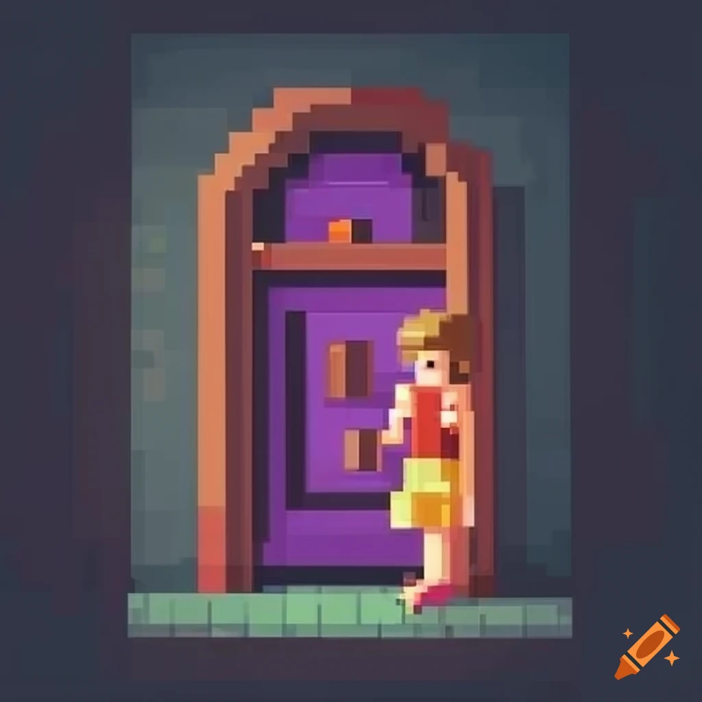 Pixel art doors with boy and girl standing next to them on Craiyon